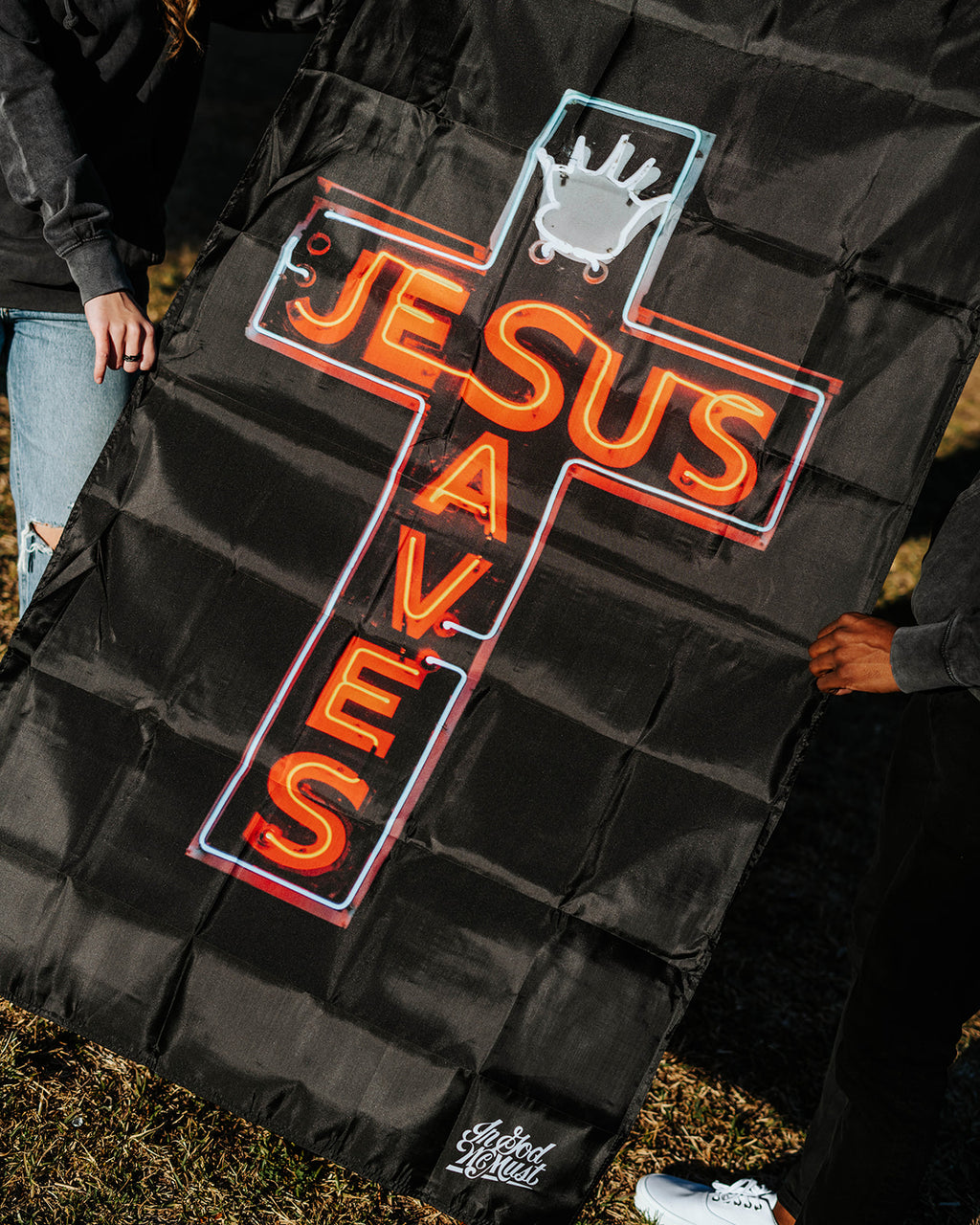 Jesus Saves Flag – In God We Must